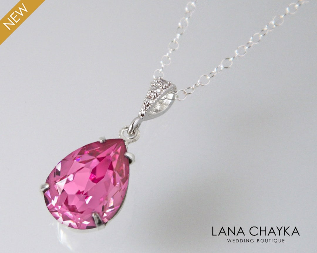 Rose Pink Crystal Necklace, Pink Rose Silver Dainty Necklace, Pink ...