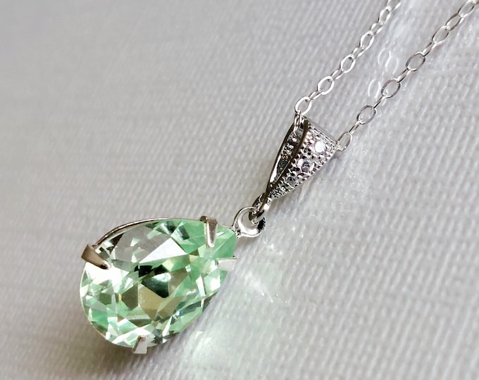 Chrysolite Crystal Necklace, Light Green Teardrop Pendant, Pastel Green ...