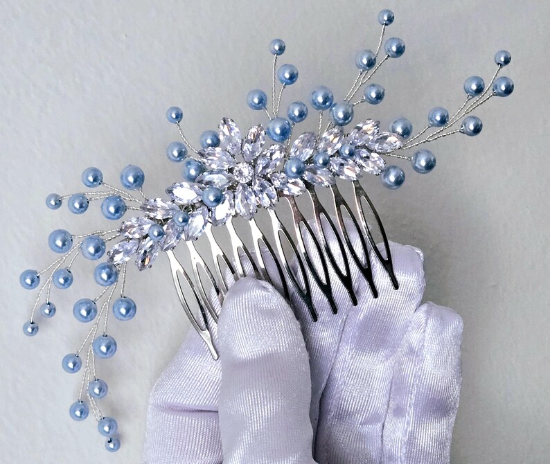 Blush Blue Bridal Hair Comb, Light Blue Pearl Cubic Zircon Comb, Light ...