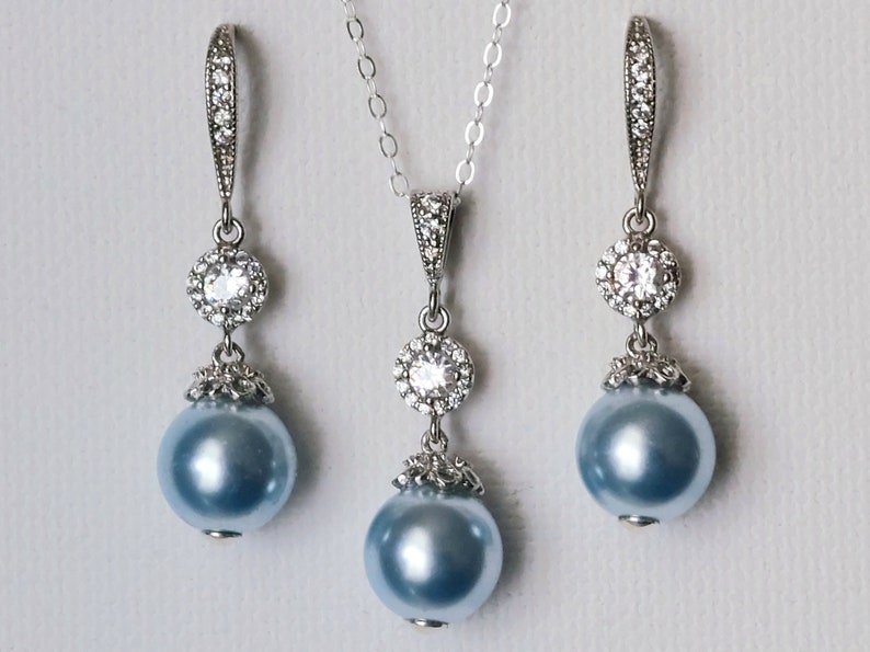 Blue Pearl Jewelry Set Light Blue Pearl Silver Set Blue - Etsy