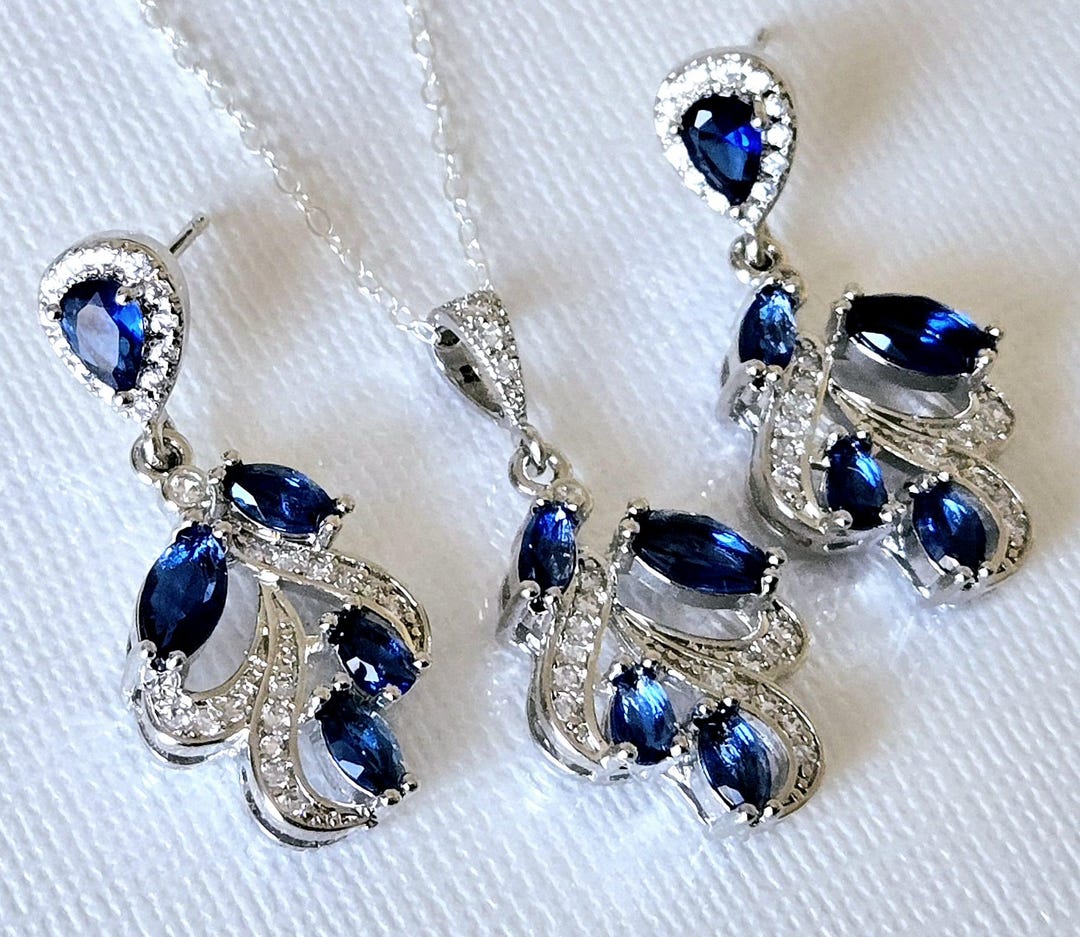 Navy Blue Crystal Jewelry Set, Blue Silver Earrings Necklace Set, Blue ...