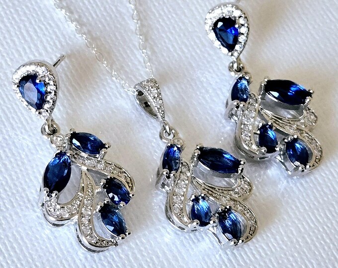 Navy Blue Crystal Jewelry Set, Blue Silver Earrings Necklace Set, Blue ...