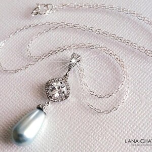 Light Blue Pearl Necklace, Blush Blue Teardrop Bridal Necklace, Blue ...