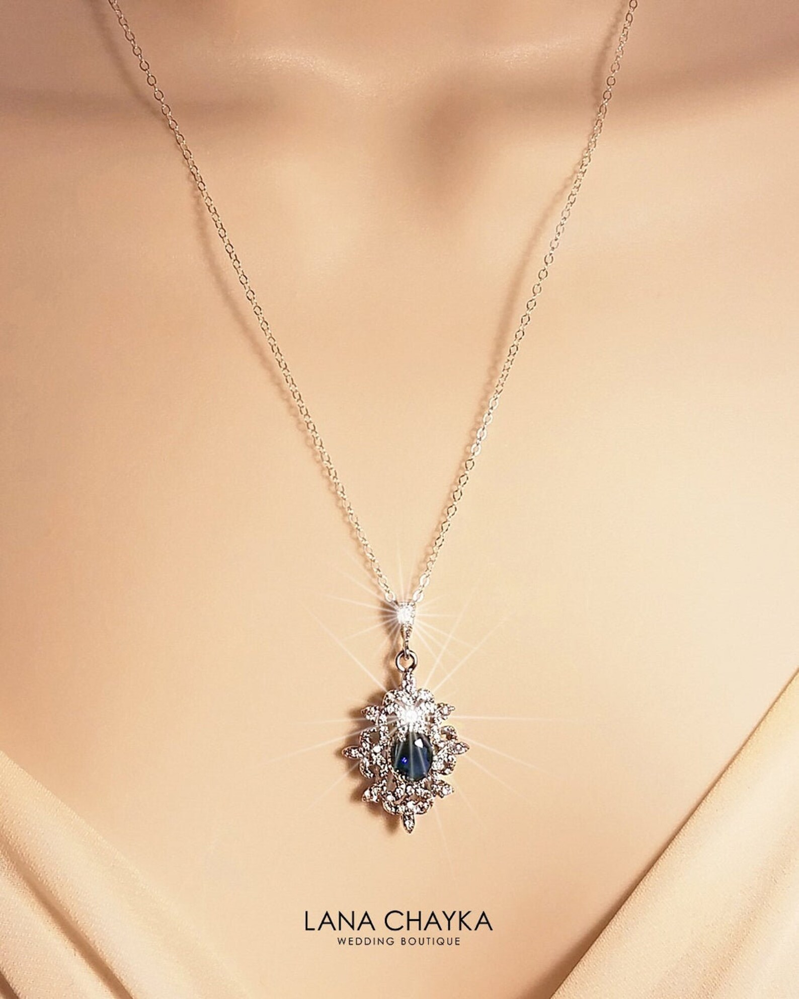 Navy Blue Crystal Necklace Sapphire Crystal Necklace Wedding - Etsy