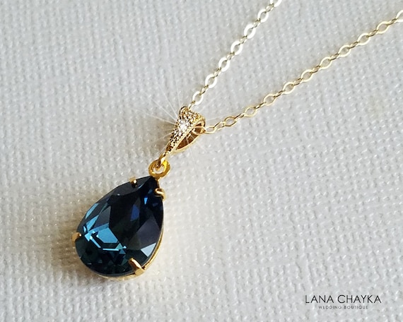 Navy Blue Gold Crystal Necklace Montana Teardrop Pendant Necklace Dark Navy Blue Wedding Necklace Bridal Bridesmaid Navy Blue Jewelry Etsy