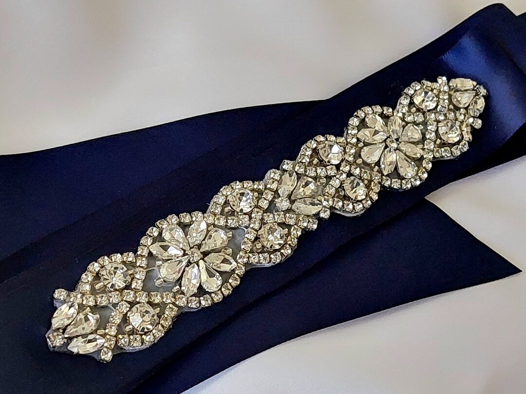 Navy Blue Crystal Wedding Sash, Bridal Dark Blue Dress Sash, Navy Satin ...
