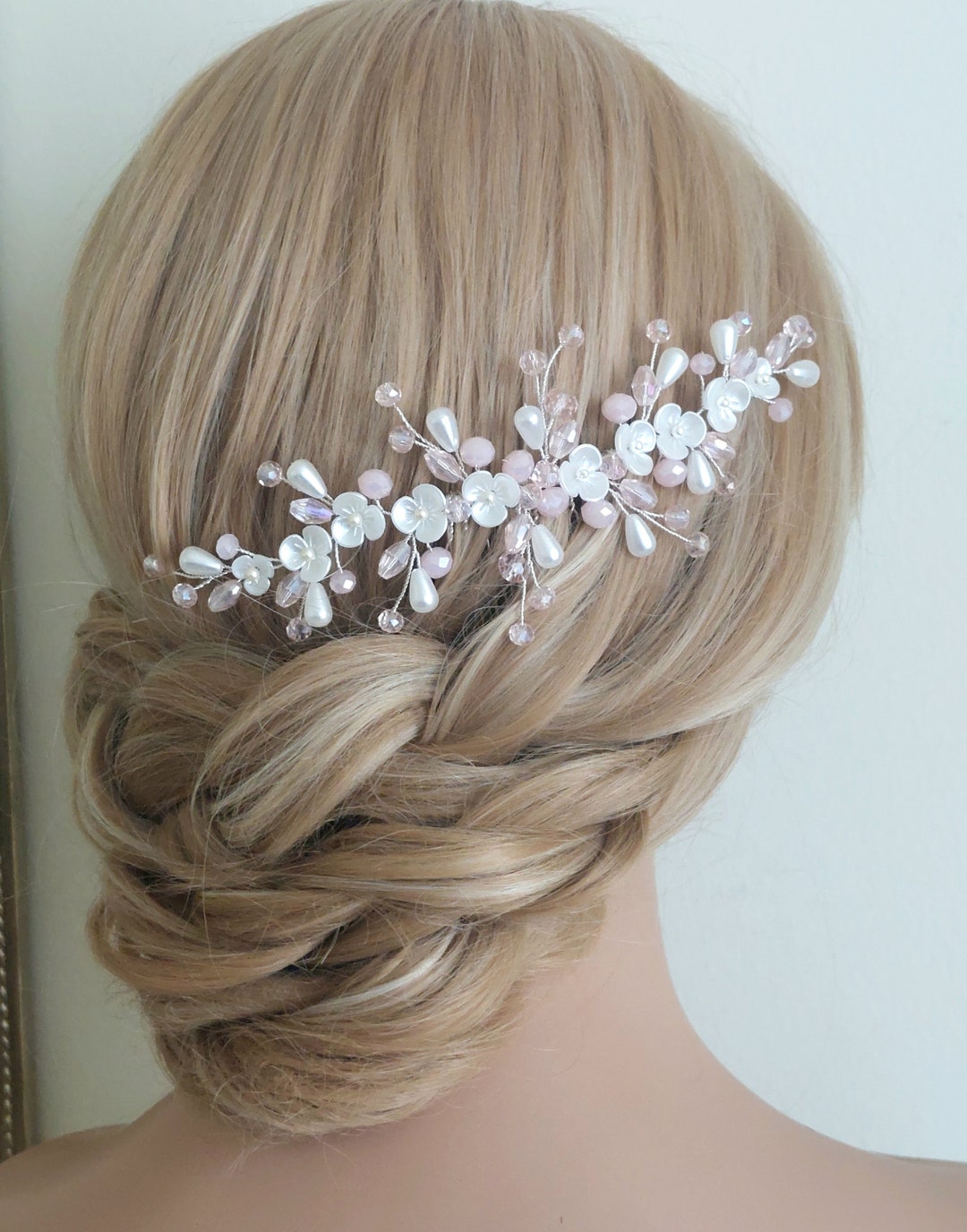 Blush Pink Bridal Hair Comb, Light Pink Crystal Side Hair Comb, Wedding ...
