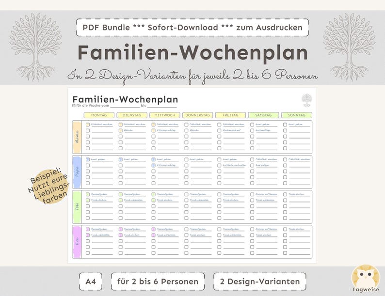 Familien-wochenplan Zum Ausdrucken | A4 Wochenplan Für 2-6 Personen | 2 ...