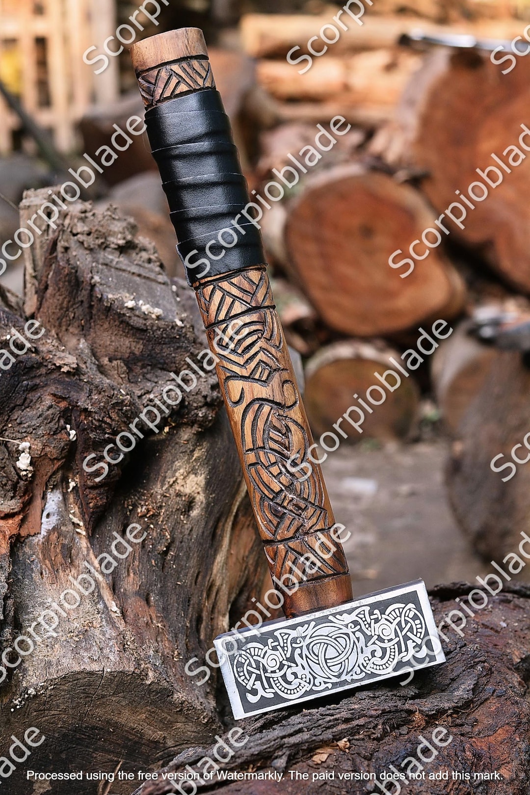 Handcrafted Viking Mjolnir Hammer | Carved Wooden Handle, Leather Wrap ...
