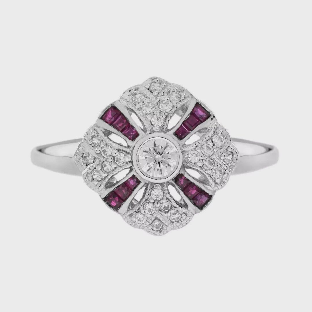 Art Deco Style Round Cut CZ & Ruby Ring,925 Sterling Silver Ring, Best ...