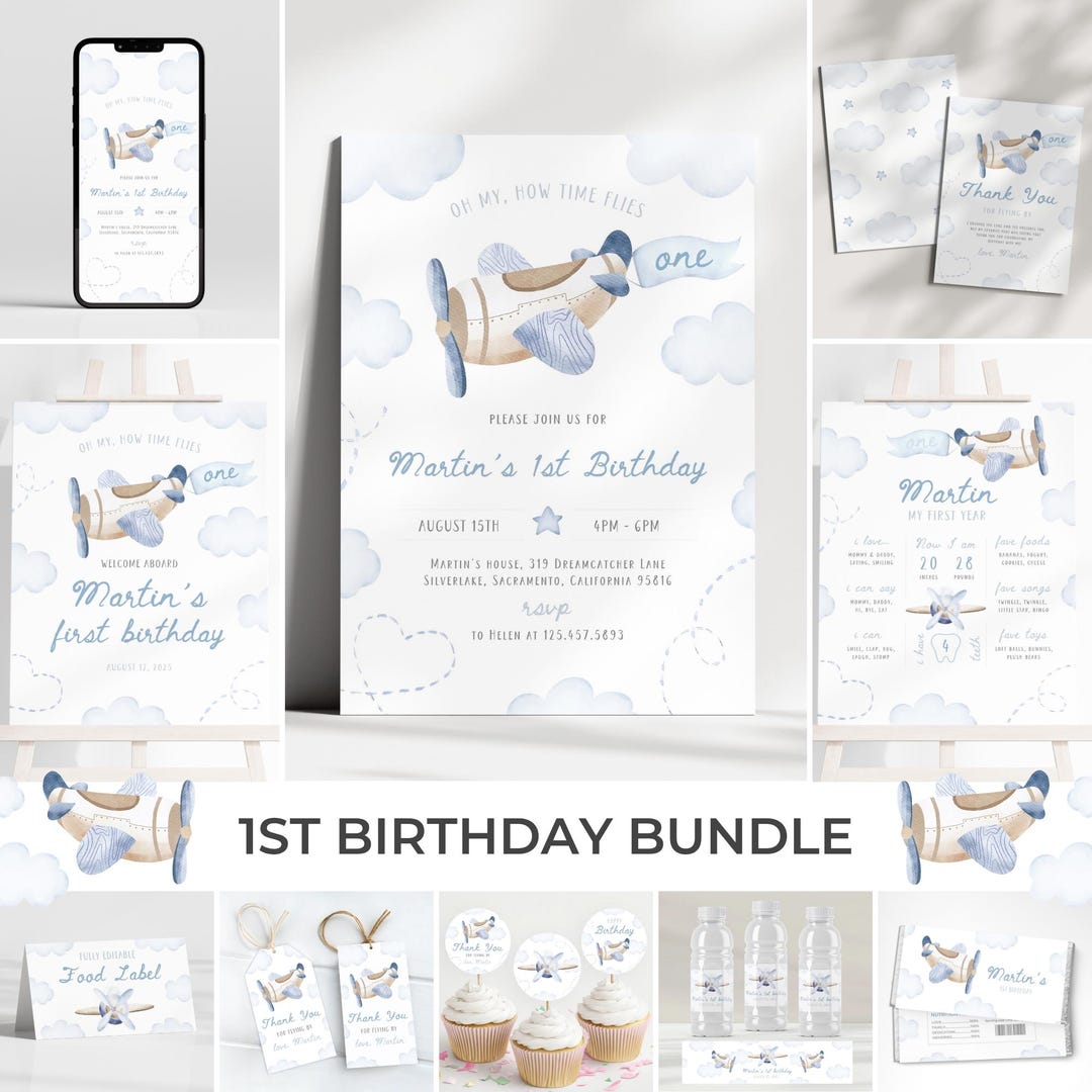 Blue Airplane 1st Birthday Bundle | Time Flies Birthday Invitation Set ...