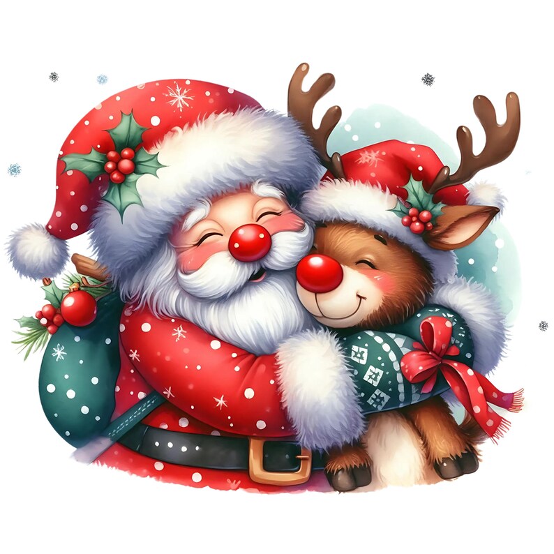 Santa Reindeer Christmas Clipart: Festive PNG Illustrations (digital ...