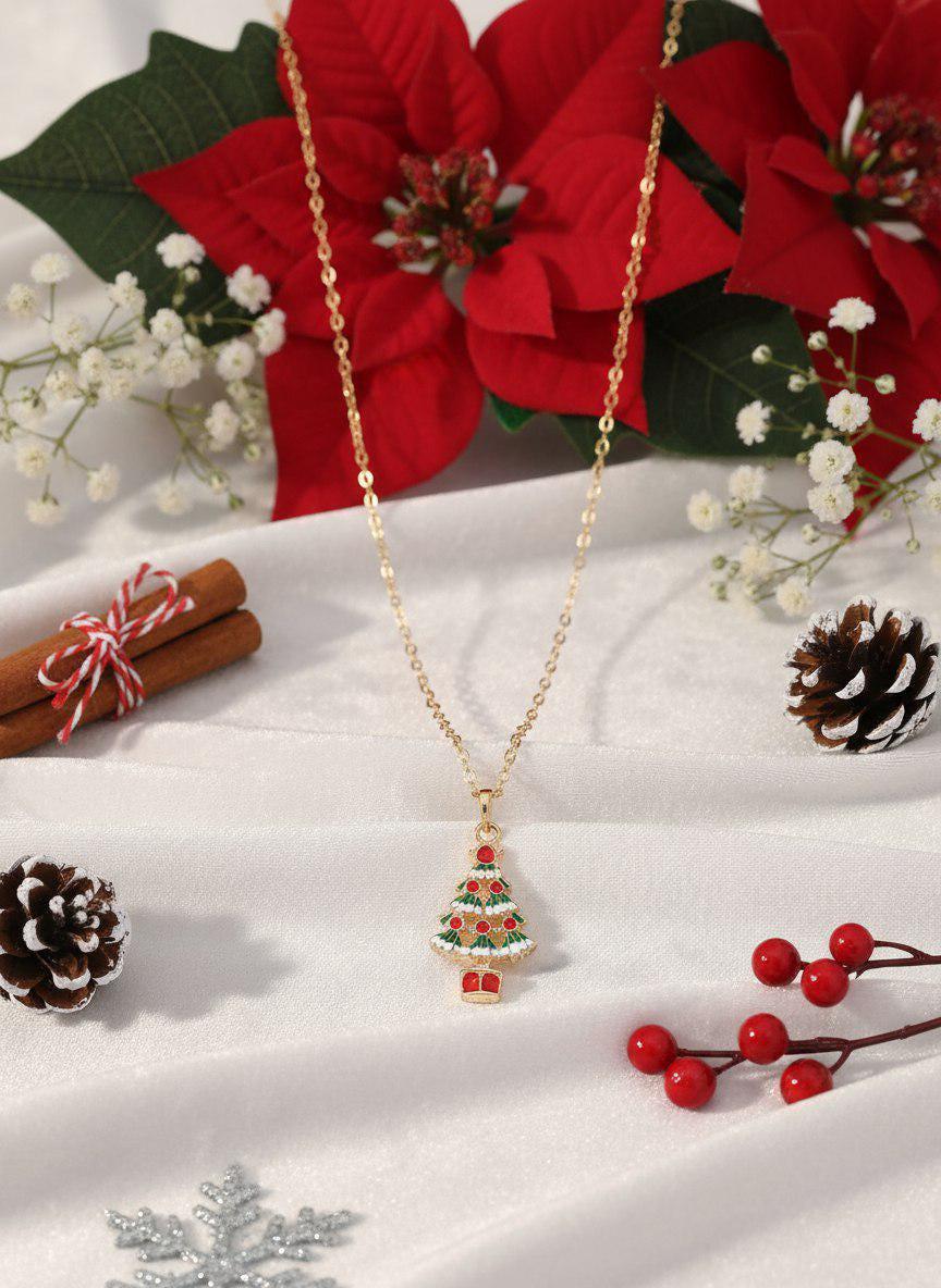 Gold Christmas Tree Necklace, Red and Green Enamel Snowflake Necklace ...