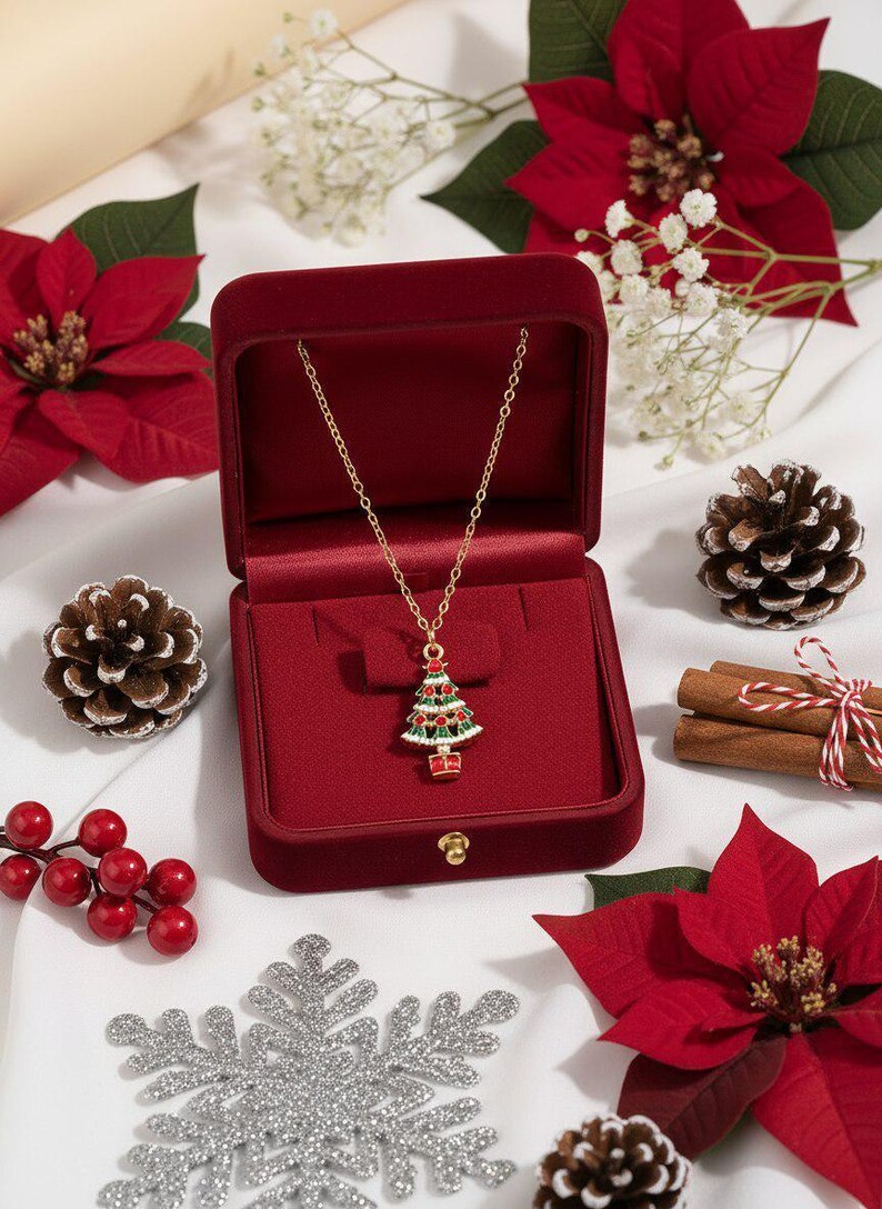 Gold Christmas Tree Necklace, Red and Green Enamel Snowflake Necklace ...