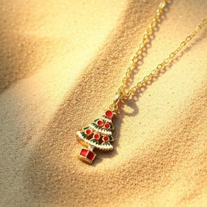 Gold Christmas Tree Necklace, Red and Green Enamel Snowflake Necklace ...