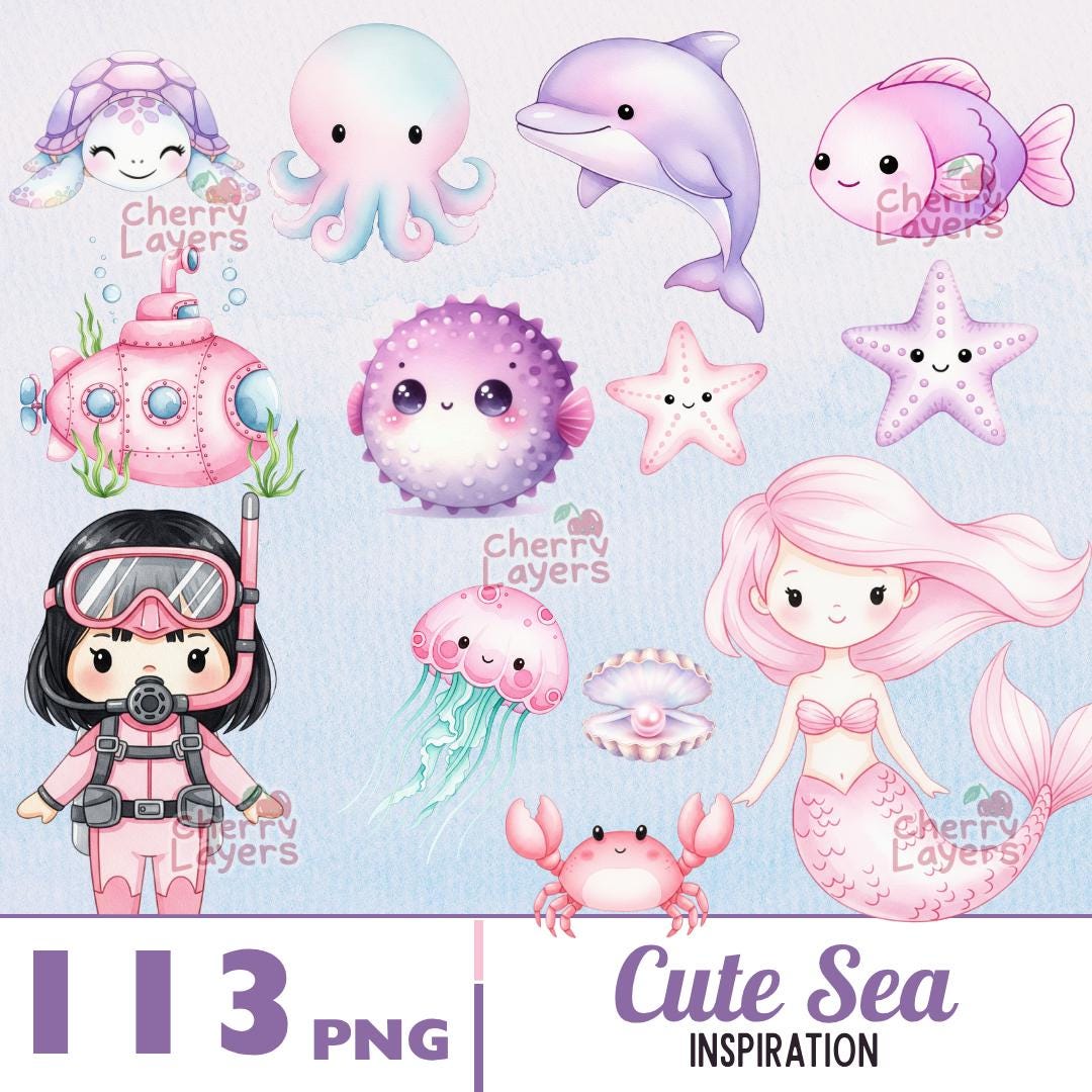 Cute Pastel Sea Animals Clipart Set, Rainbow Sea Babies, Turtle ...