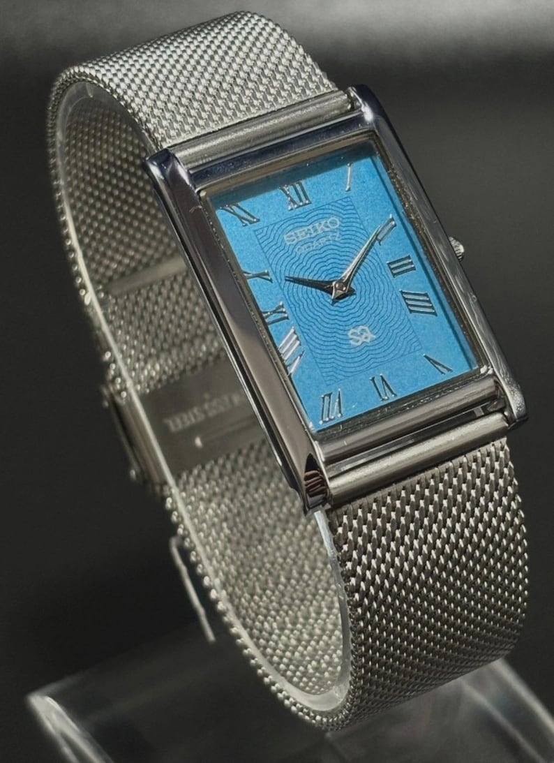 Vintage Seiko Blue Dial Tank Watch Silver Mesh Strap Minimalist ...