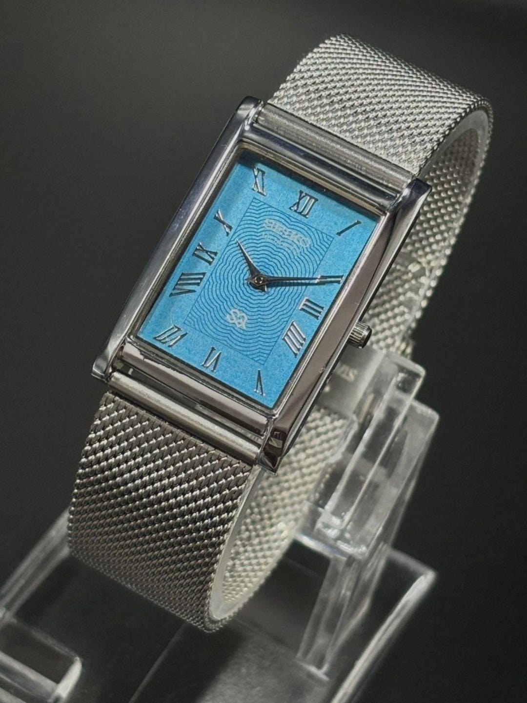 Vintage Seiko Blue Dial Tank Watch Silver Mesh Strap Minimalist ...