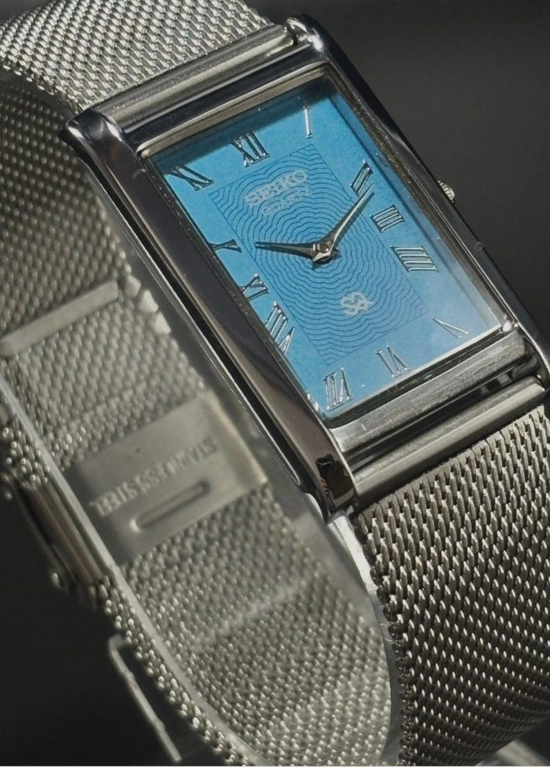 Vintage Seiko Blue Dial Tank Watch Silver Mesh Strap Minimalist ...