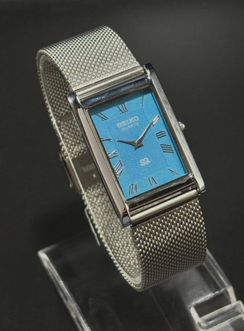 Vintage Seiko Blue Dial Tank Watch Silver Mesh Strap Minimalist ...