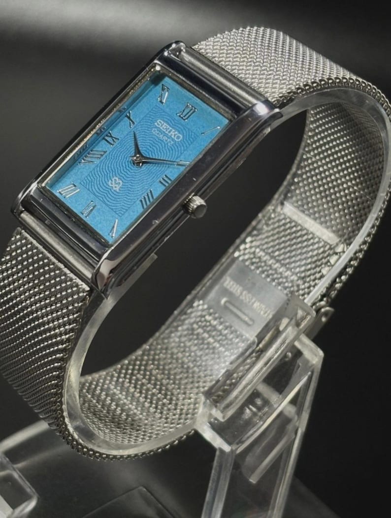 Vintage Seiko Blue Dial Tank Watch Silver Mesh Strap Minimalist ...