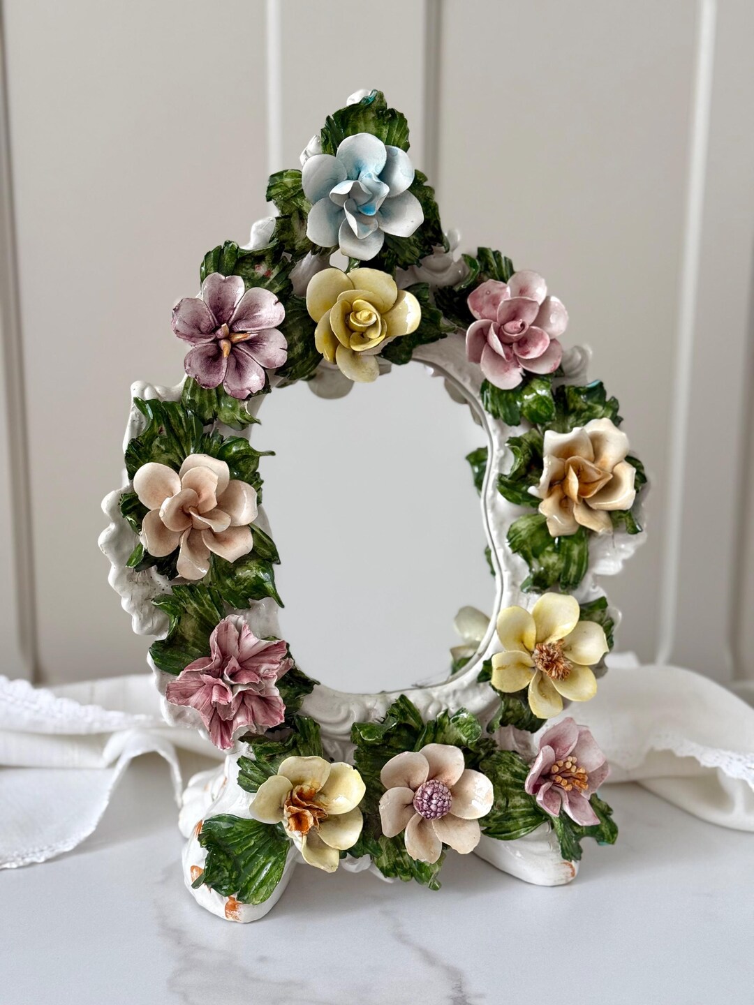 Vintage Italian Capodimonte Style Ceramic Floral Mirror Signed V ...