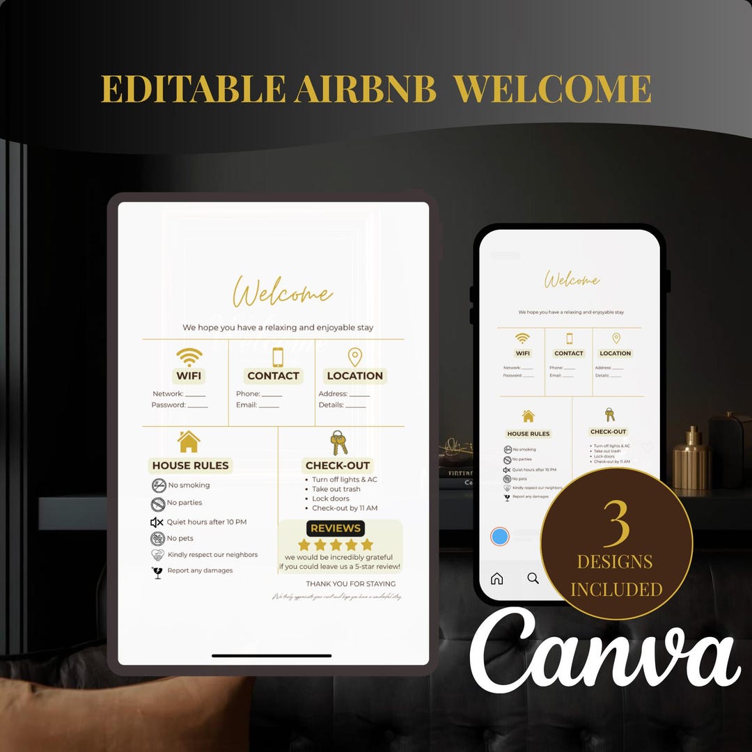 Editable Neo Deco Airbnb Welcome Sign | Black Gold Guest Arrival Poster ...