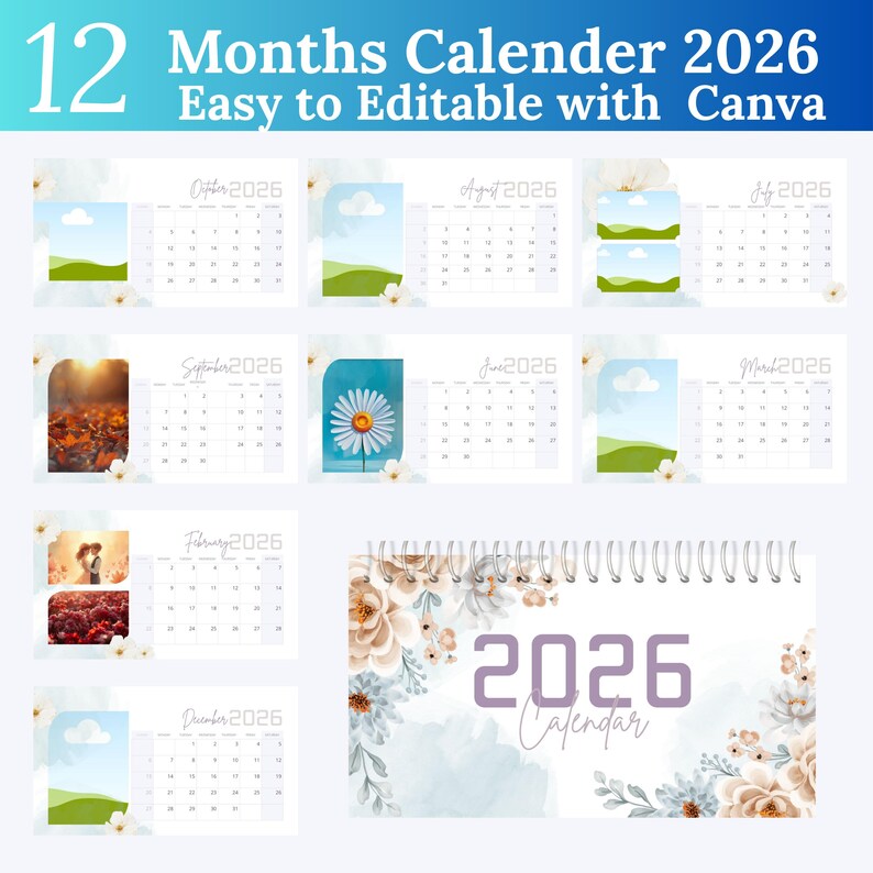 2026 Calendar Canva Editable Templates, 12 Mouths Bundle, Photo ...