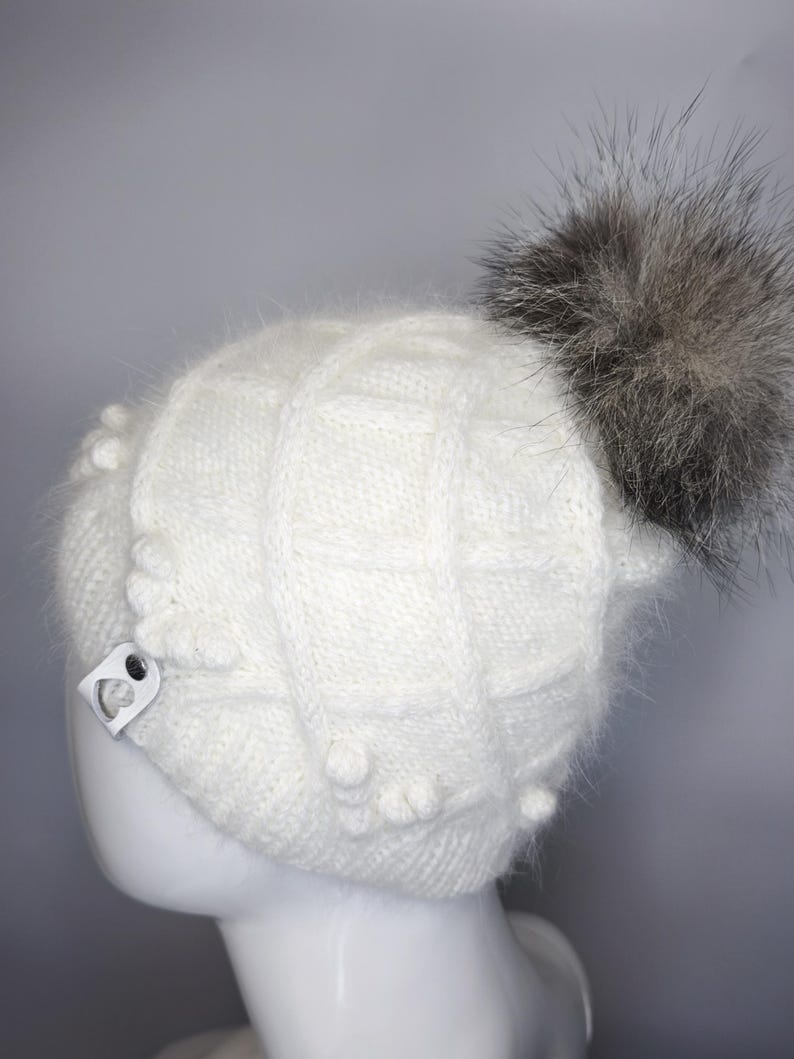 Fluffy White Womens Winter Hat With Pompon – Handmade Knitted Wool ...