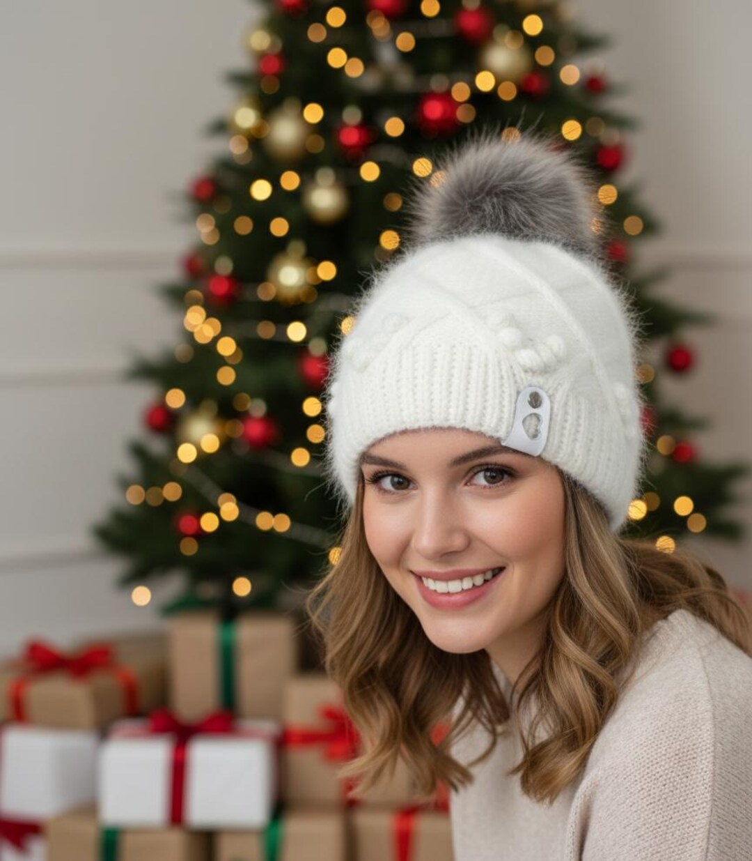 Fluffy White Womens Winter Hat With Pompon – Handmade Knitted Wool ...
