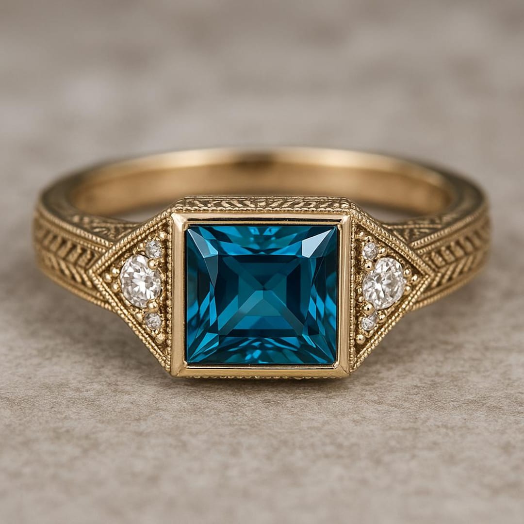 14K Gold London Blue Topaz Flower Ring: Square Engagement Jewelry - Etsy