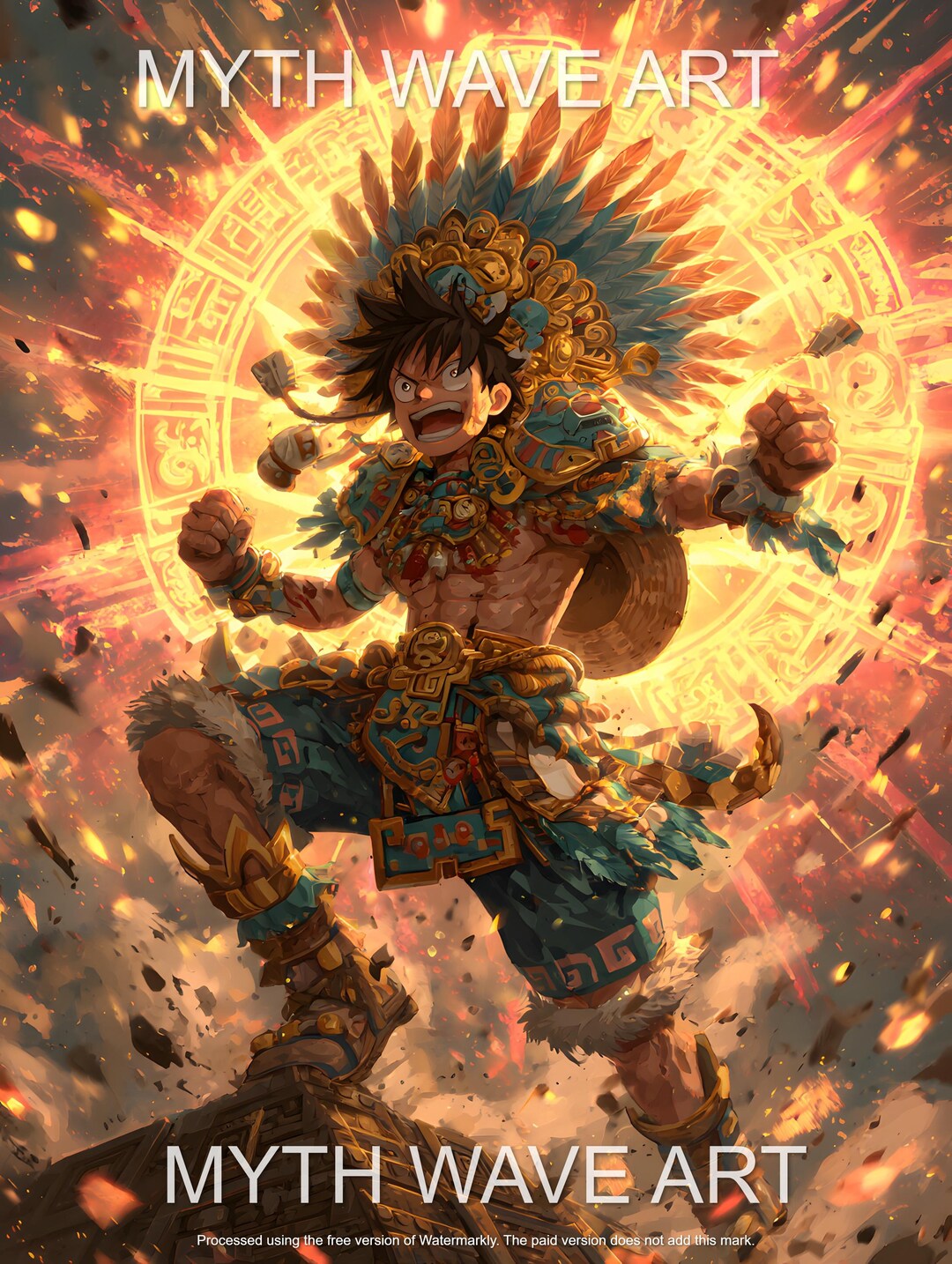Luffy Aztec Sun God Art Print – Anime Warrior Illustration (digital ...