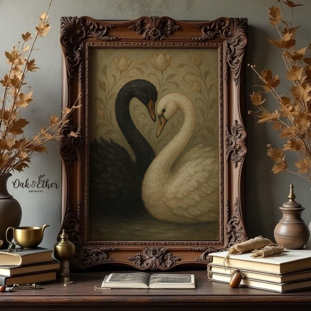 Black and White Swan Wall Art Print, Romantic Gothic Swan Couple Oil ...