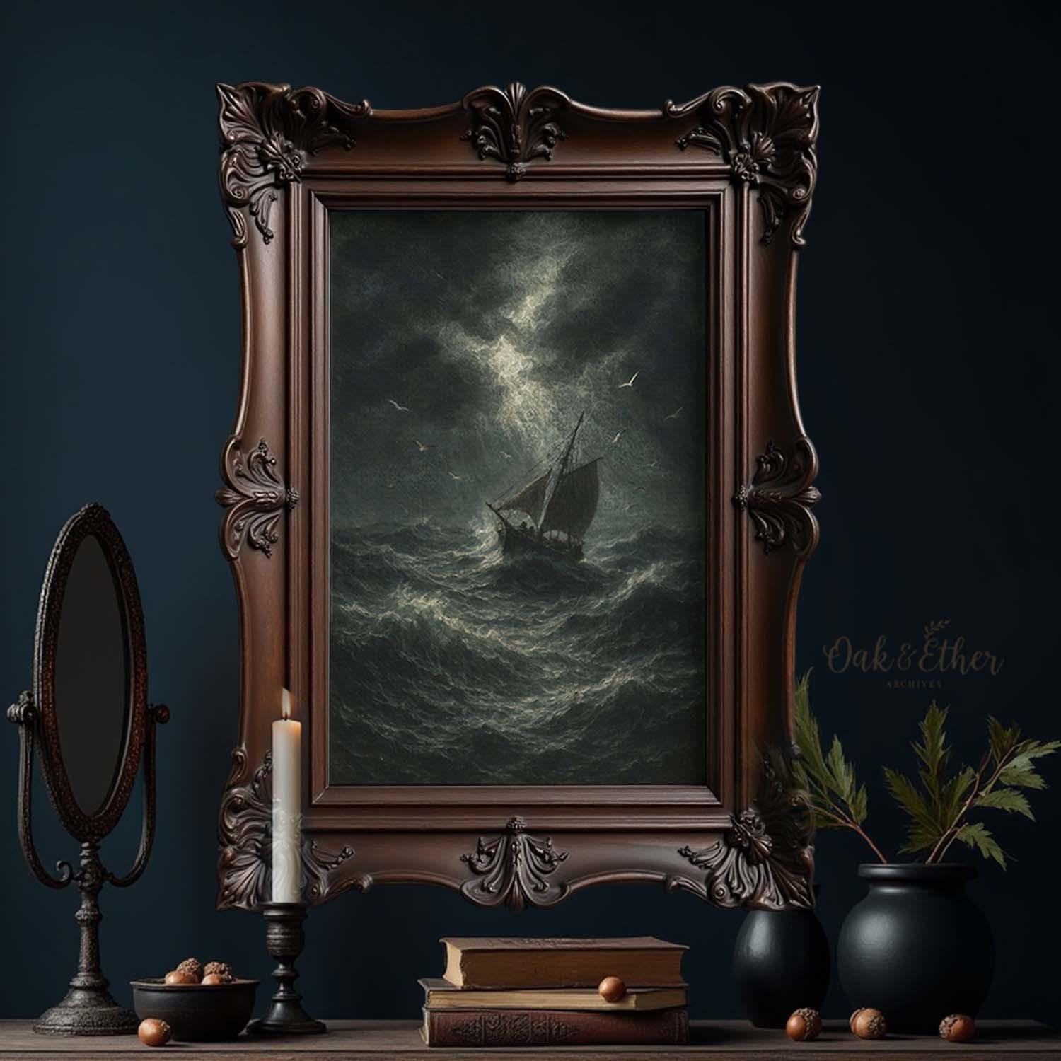 Stormy Sea Boat Wall Art – Dramatic Dark Ocean Oil Painting – Moody ...