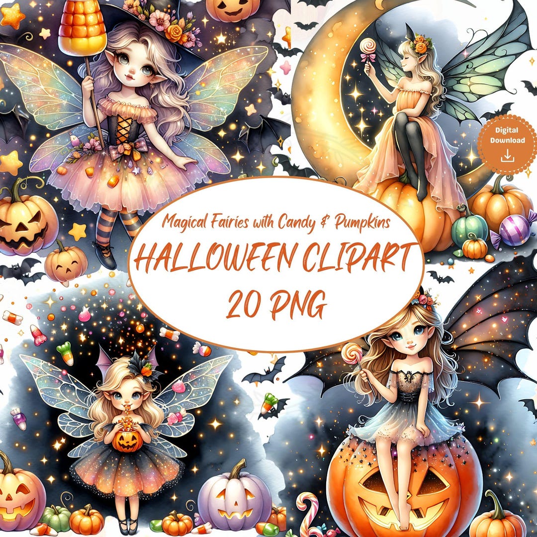Whimsical Halloween Fairy Clipart Bundle: 20 PNG Images for Kids Crafts ...