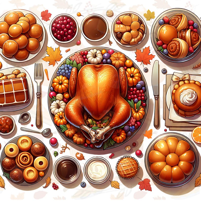 Thanksgiving Feast Clipart: Holiday Dinner PNG Bundle Digital Download ...