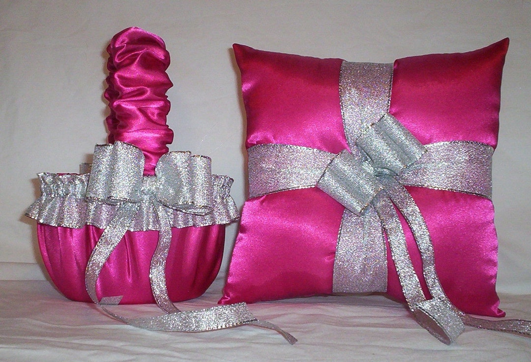 Fuchsia Hot Pink Satin With Silver Trim Flower Girl Basket and Ring ...