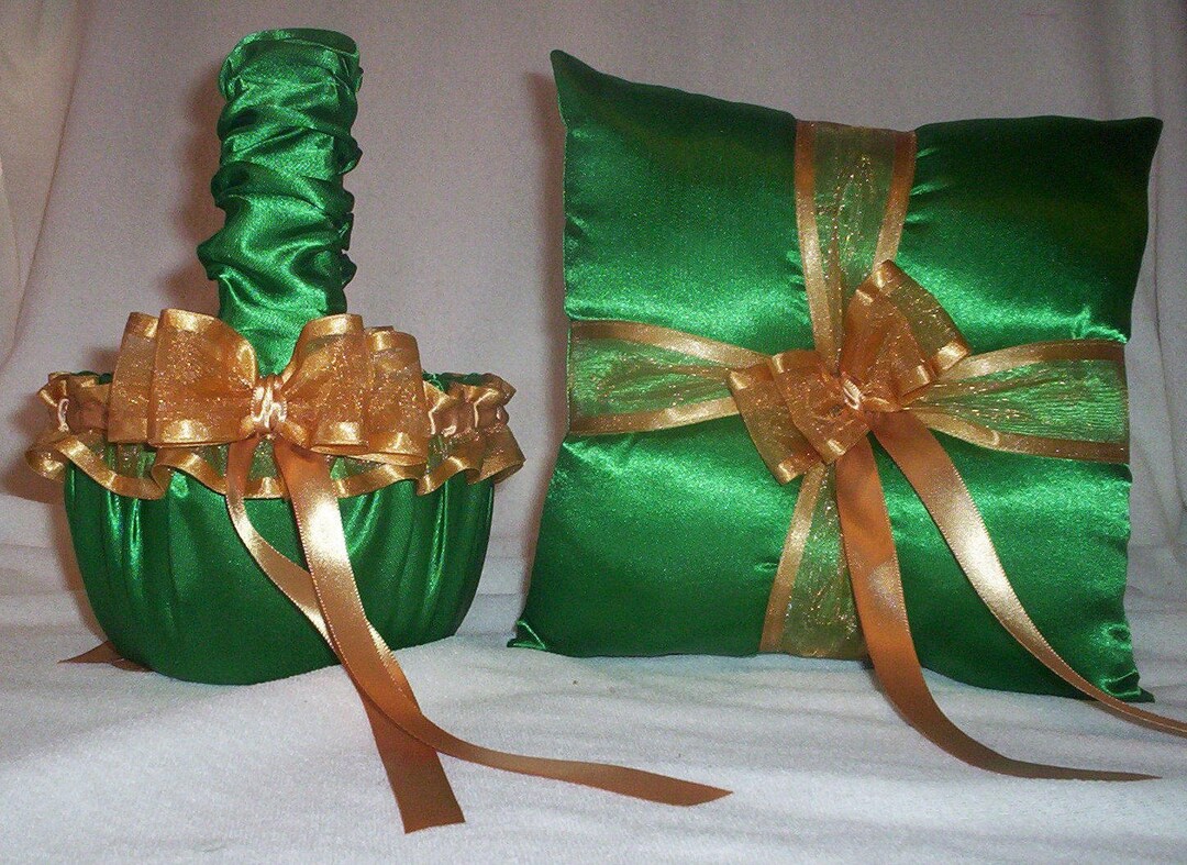 Kelly Green Satin With Gold Ribbon Trim and Ribbons Flower Girl Basket ...