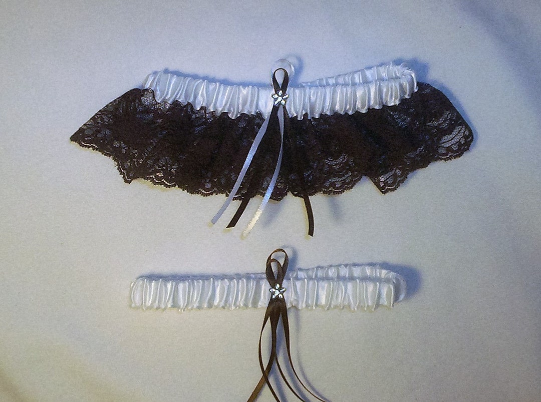 White Satin / Chocolate Brown Lace - 2 Piece Wedding Garter Set - 1 to ...