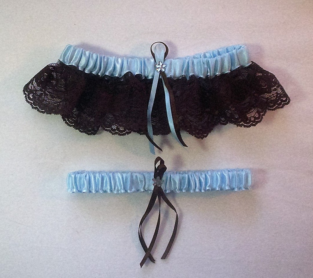 Light Blue Satin / Chocolate Brown Lace - 2 Piece Wedding Garter Set ...