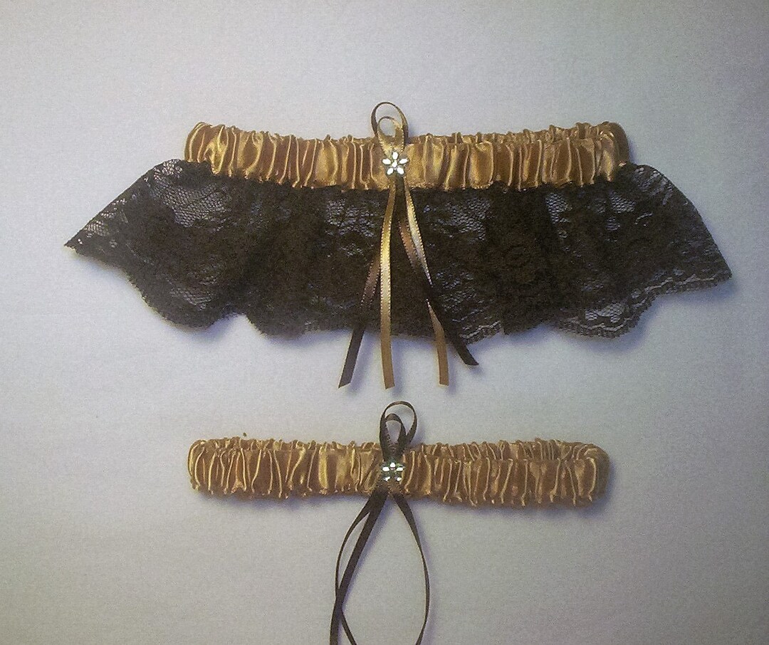 Gold Satin / Chocolate Brown Lace - 2 Piece Wedding Garter Set - 1 to ...