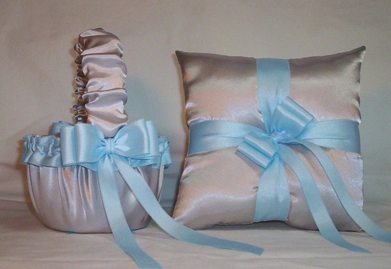 Silver Satin With Light Blue / Sky Blue Ribbon Trim Flower | Etsy