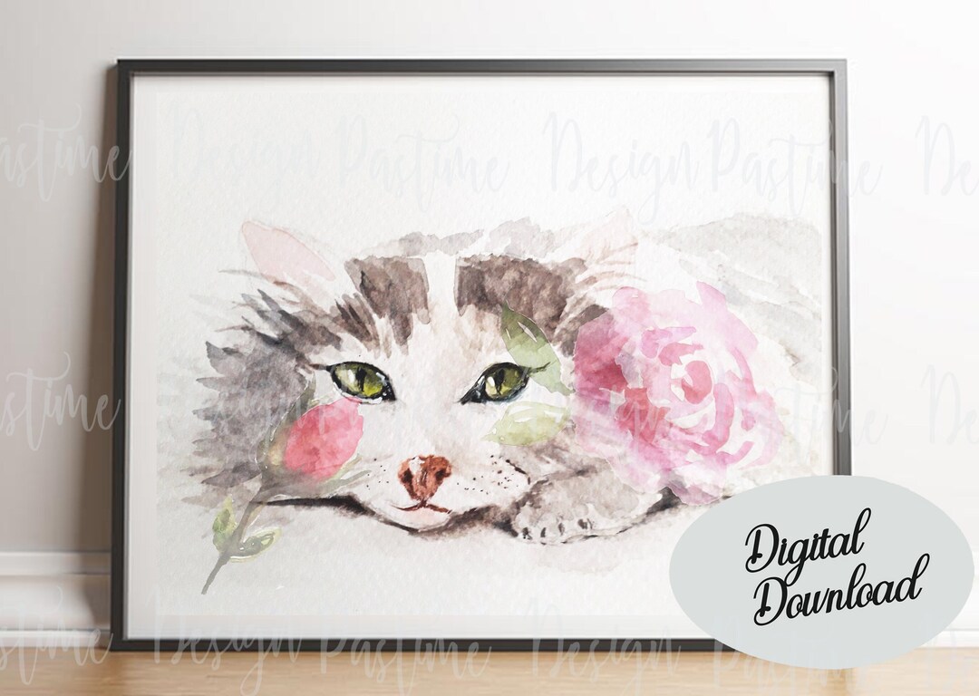 PRINTABLE Art,cute Cat,cat With Flowers Art,girls Room Art,long Haired ...
