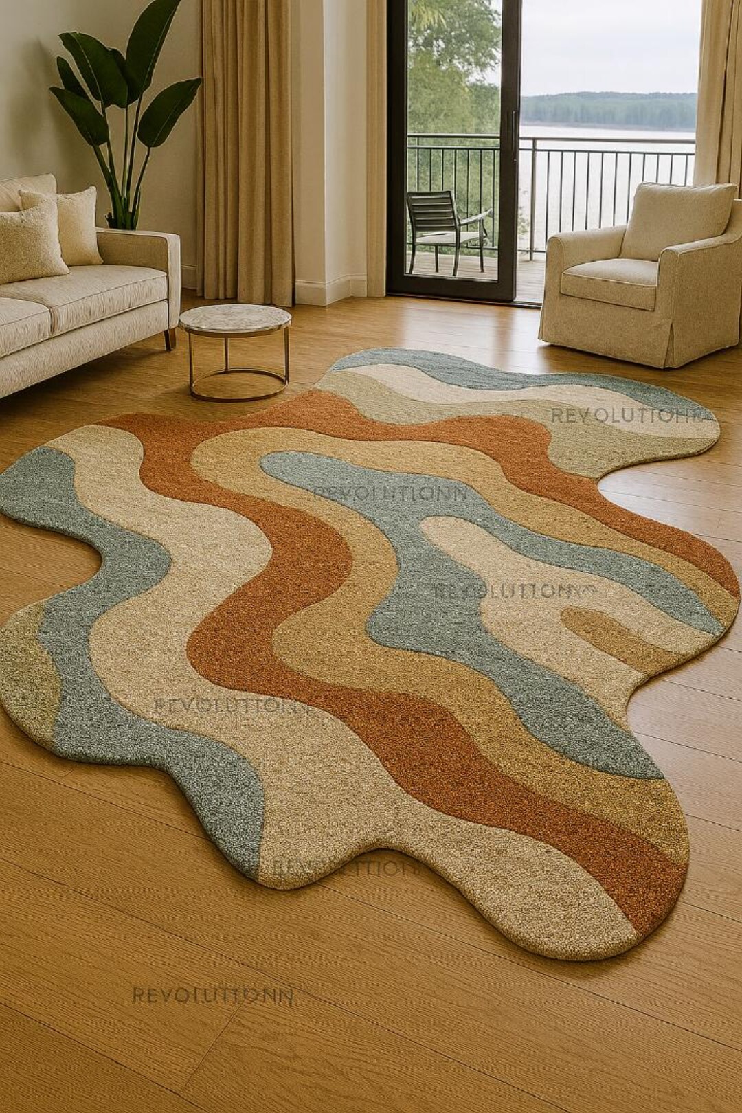Handmade Wool Area Rug | Earth Tone Abstract Wavy Carpet - Etsy