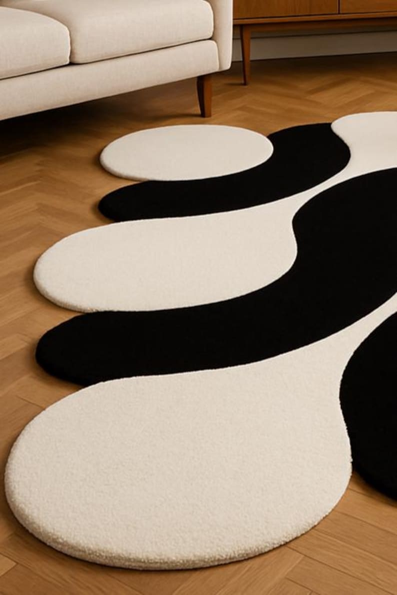 Modern Abstract Wool Rug – Black and White Wavy Design - Etsy
