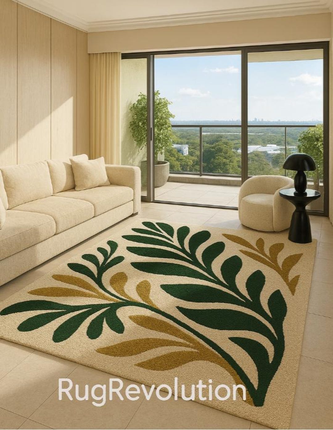 Handmade Tufted Wool Area Rug | Modern Beige Green Leaf Design - Etsy