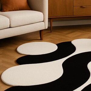 Modern Abstract Wool Rug – Black and White Wavy Design - Etsy