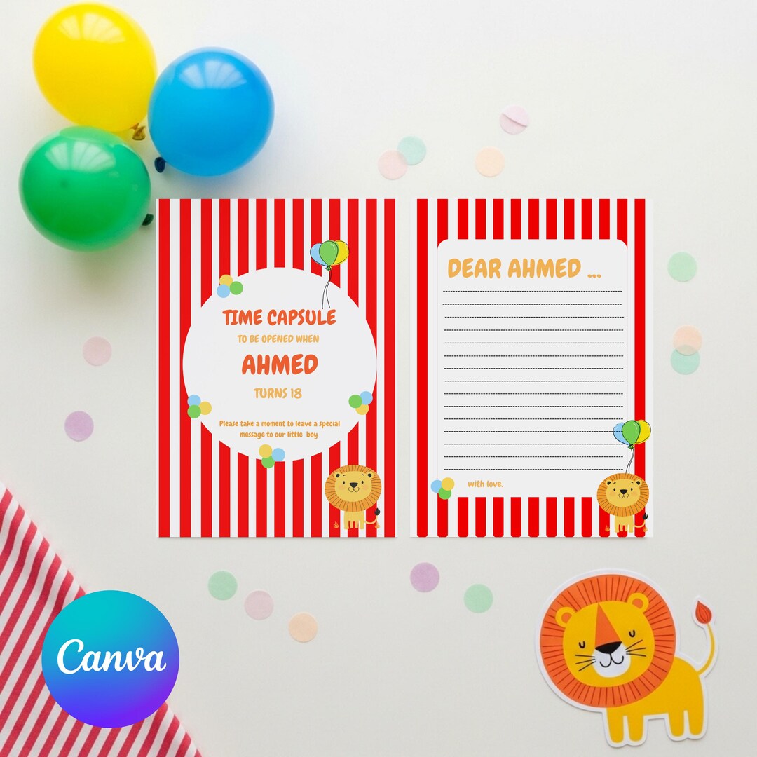 Circus Time Capsule Message Cards: Editable Birthday Keepsake (digital ...