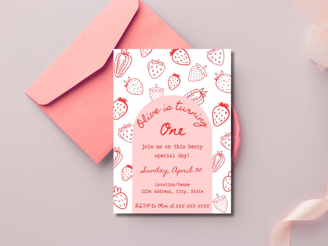 Berry Themed Birthday Invitation Canva Template | Editable Strawberry ...