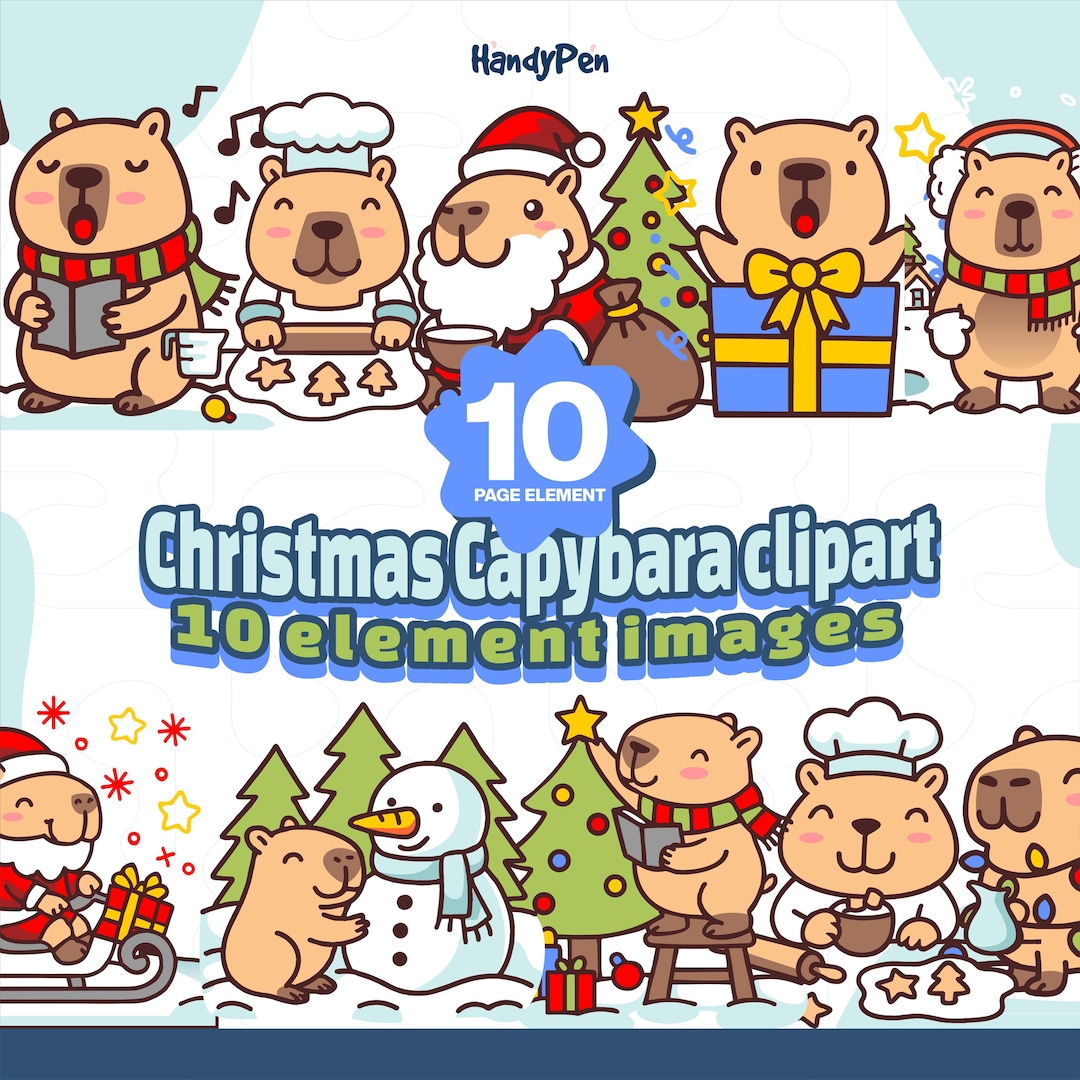 Adorable Capybara Christmas PNG and PDF Clipart Bundle : Festive ...